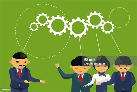 새로운 아이디어를 생각 하는 Cog 휠 배경 팀 회의 브레인 스토밍 아시아 기업 들의 그룹 개념에 대한 스톡 벡터 아트 및 기타 이미지 개념 경영자 기어 기계 부분