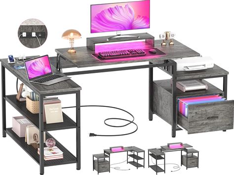 Aheaplus L Shaped Desk With Power Outlet Standing Home Office Desk With Lift Top And File