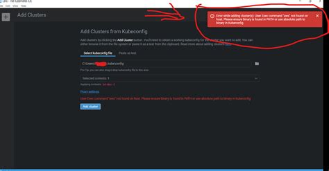 Error While Adding Clusters User Exec Command Aws Not Found On