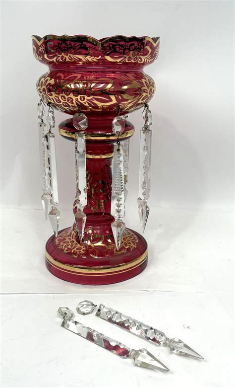 Lot A Victorian Ruby Glass Mantle Lustre With Cut Crystal Prisms