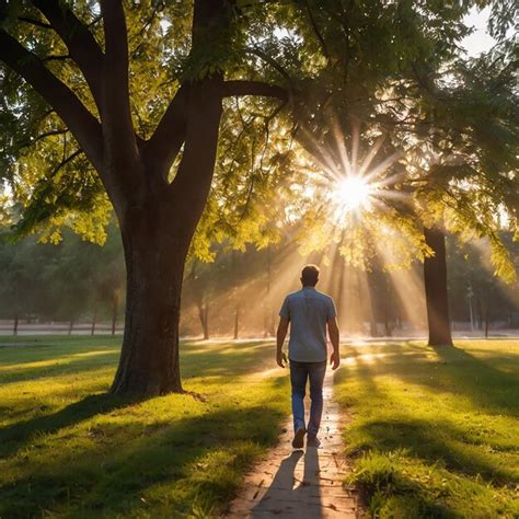Man Walks In Park In Morning Sunlight Back View On Man On Sunrise