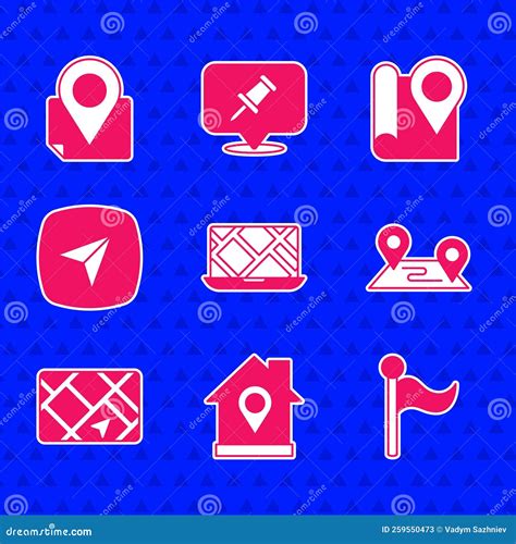 Set City Map Navigation Location With House Flag Route Location Gps Device Folded Marker