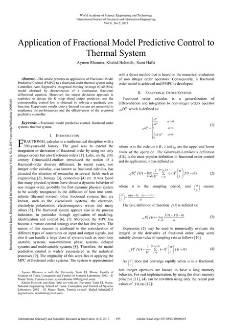 PDF Application Of Fractional Model Predictive Control To Thermal System