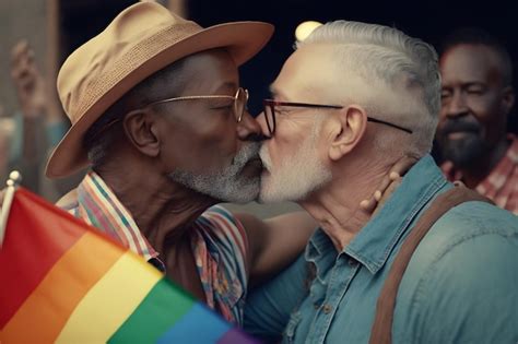 Premium Photo Gay Couple Kissing In Front Of A Rainbow Flag Generative Ai