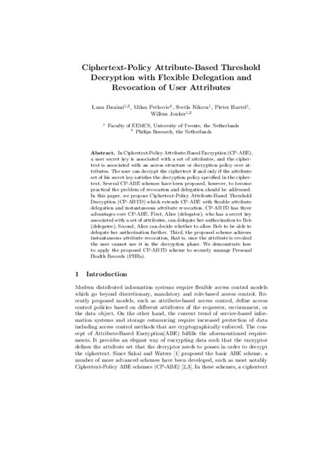 Pdf Ciphertext Policy Attribute Based Threshold Decryption With