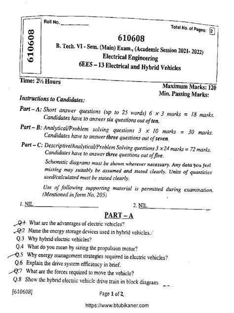 Rtu Btech Ee 6 Sem Electrical And Hybrid Vehicles 610608 2022 Pdf