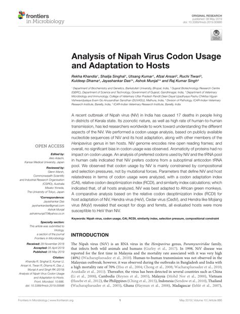 Pdf Analysis Of Nipah Virus Codon Usage And Adaptation To Hosts