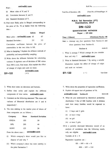 Bu Mba 1 Sem Cp 102 Quantitative Methods 2017 Pdf