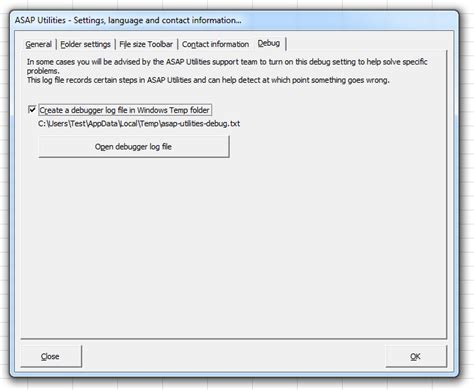 Asap Utilities For Excel Debug Information