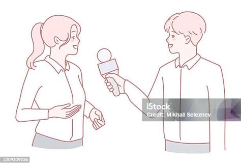 리포터가 인터뷰 대상자를 끌어들여 대화와 연결을 보여주는 인터뷰 장면 디자인에 대한 스톡 벡터 아트 및 기타 이미지 디자인 마이크 말하기 Istock