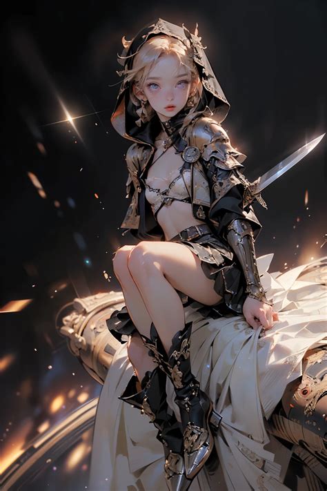 갑옷을 입은 여자가 칼을 들고 바위 위에 앉아 있다 Seaart Ai