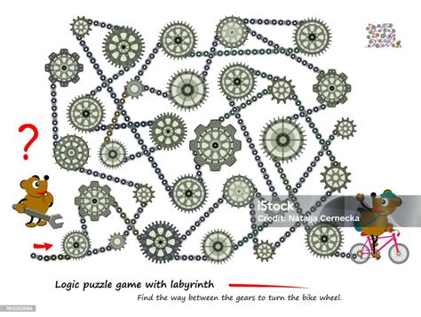 어린이와 성인을 위한 미로가 있는 논리 퍼즐 게임 기어 사이에서 길을 찾아 자전거 바퀴를 돌리십시오 아이들의 두뇌 티저 책을 위한 인쇄 가능한 워크시트 Iq 테스트 온라인