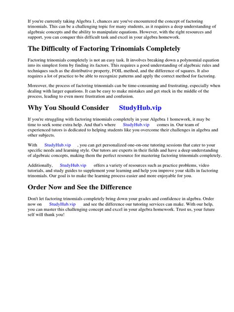 Factoring Trinomials Completely Algebra 1 Homework Download Free Pdf