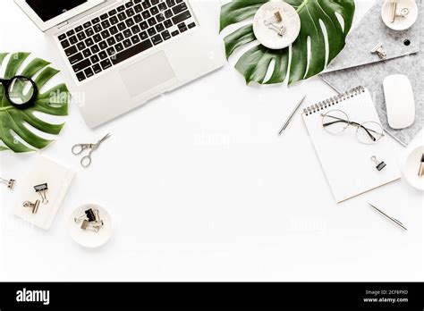 Home Office Workspace Mockup With Laptop Tropical Leaves Monstera