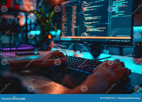 Programmer Is Hands On Keyboard Writing Source Code On Screen Monitor