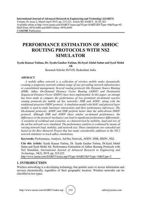 Performance Estimation Of Adhoc Routing Protocols With Ns2 Simulator Pdf