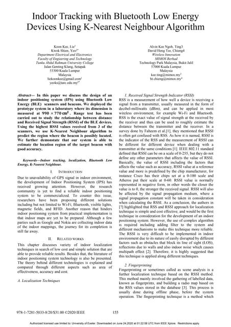 Indoor Tracking With Bluetooth Low Energy Devices Using K Nearest Neighbour Algorithm Pdf