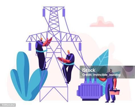전력선을 수리 하는 전기 노동자 배선 유지 보수 작업에서 유니폼 수리 기술자와 전기 시설 개념 벡터 평면 그림 개념에 대한 스톡