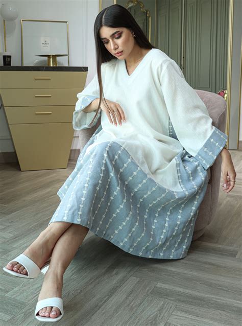 Saya07 Dress Offwhite Linen Dress With Patterned Side Panel Dresses From Saya Collection At Boksha