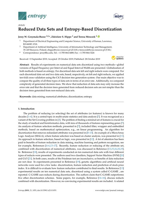 Pdf Reduced Data Sets And Entropy Based Discretization