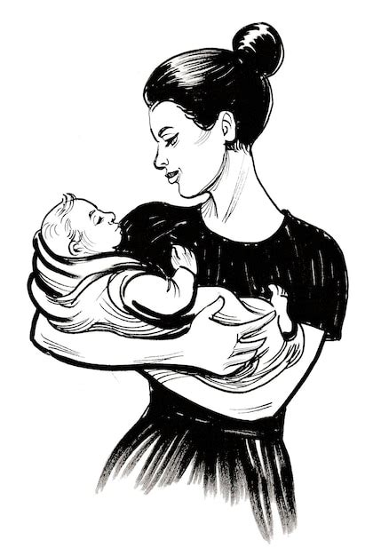 Madre E Hijo Dibujo A Tinta En Blanco Y Negro Foto Premium