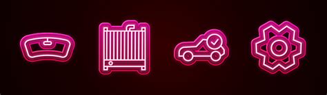 세트 라인 윈드 실드 자동차 라디에이터 냉각 시스템 자동 서비스 체크 자동차 및 기어 빛나는 네온 아이콘 벡터 교통수단에 대한