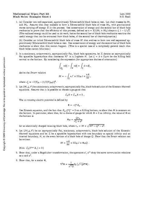 Seminar Assignments Example Sheet 4 Copyright © 2009 University Of