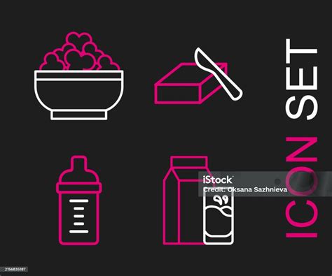 케피어용 라인 종이 패키지 병에 담긴 아기 우유 버터 버터 접시 및 코티지 치즈 아이콘을 설정합니다 벡터 스낵에 대한 스톡 벡터 아트 및 기타 이미지 Istock