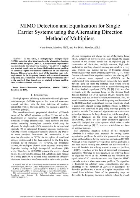 Pdf Mimo Detection And Equalization For Single Carrier Systems Using