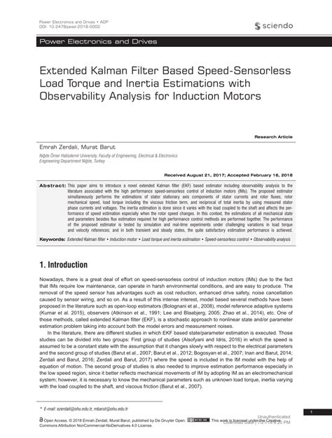 pdf extended kalman filter based speed sensorless load torque and