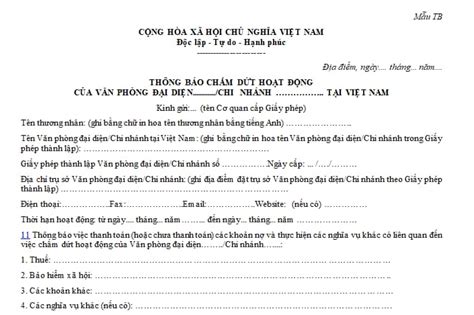 Mẫu Thông báo chấm dứt hoạt động của Văn phòng đại diện Chi nhánh của