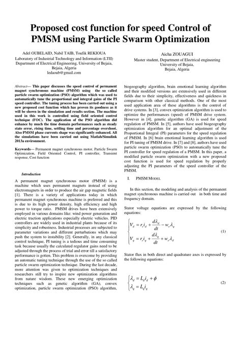 pdf proposed cost function for speed control of pmsm using particle