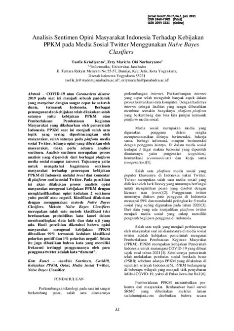 Pdf Analisis Sentimen Opini Masyarakat Indonesia Terhadap Kebijakan Ppkm Pada Media Sosial