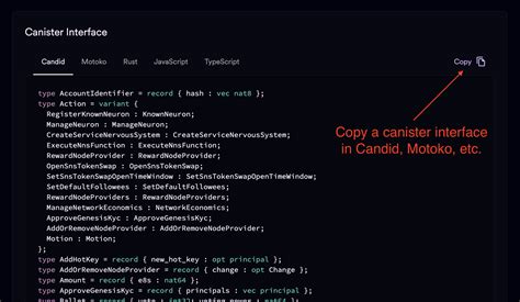 dashboard ui ux request canister interface declaration copy button