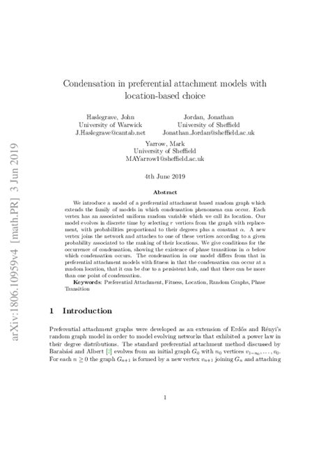 Pdf Condensation In Preferential Attachment Models With Location‐based Choice