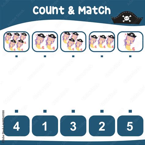 Count And Match Together A Cute Mermaid With Pirate Hat With The Number
