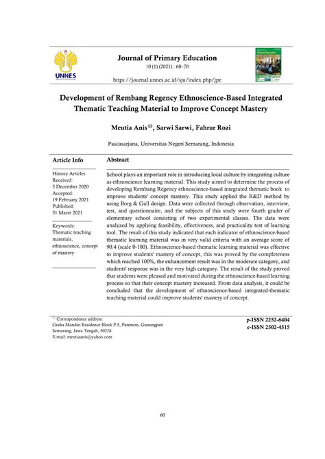 Pdf Development Of Rembang Regency Ethnoscience Based Integrated Thematic Teaching Material To
