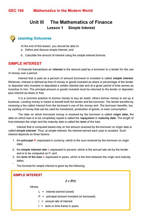Gec 104 Week 9 Simple Interest Gec 104 Mathematics In The Modern World Unit Iii The