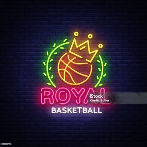 농구 네온 사인 벡터 로얄 농구 디자인 서식 파일 네온 사인 라이트 배너 네온 간판 현대 동향 디자인 야간 밝은 광고 가벼운 비문 벡터 일러스트 레이 션