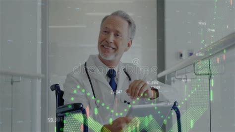 smiling doctor in hospital with digital data processing animation