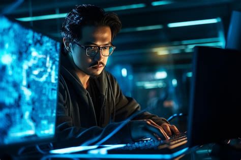 Premium AI Image Asian Engineer Man Looking At Computer Screen With Data