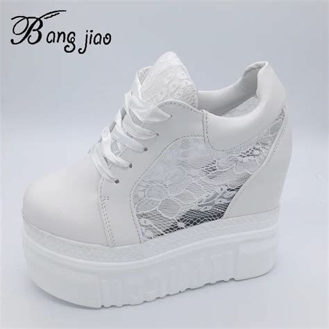여성용 가황 신발 플랫폼 웨지 힐 실크 보우 화이트 여성 캐주얼 신발 2022 봄 여름 레이스 신발 14cm여성 경량 신발 Aliexpress