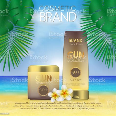 이국적인 야자수와 해변 배경에 여름 선크림 화장품 디자인 서식 파일 나뭇잎 3d 현실 태양 보호와 제품 광고입니다 3차원 형태에 대한 스톡 벡터 아트 및 기타 이미지