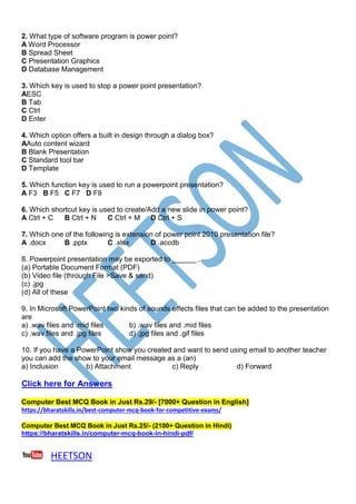 Power Point MCQ Questions And Answers MS PowerPoint PDF
