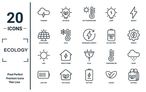 생태 선형 아이콘 세트입니다 얇은 선 천둥 태양 전지판 태양 배터리 에코 백 재생 가능 에너지 보고서 프리젠 테이션 다이어그램 웹 디자인을위한 비오는 아이콘 포함 0명에