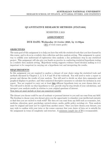 Stat1008 Assignment Instructions Pdf Statistics Statistical Hypothesis Testing