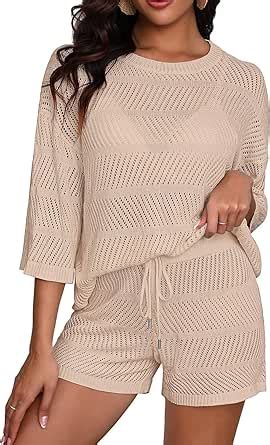 Womens Two Piece Coverup Set Crochet Beach Cover Ups With Shorts