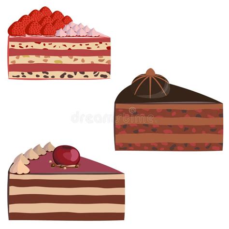 Colorful Cake Slices Set Vanilla Strawberries Chocolate Cherry