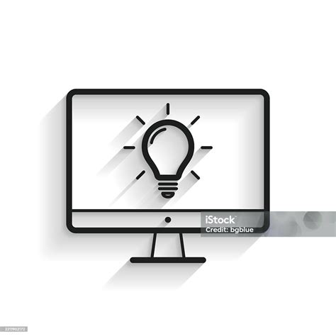 전구가 있는 데스크톱 컴퓨터 흰색 배경에 긴 그림자가 있는 선 아이콘 3차원 형태에 대한 스톡 벡터 아트 및 기타 이미지 3차원 형태 개념 검은색 Istock