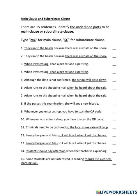 Subordinate Clause Worksheet